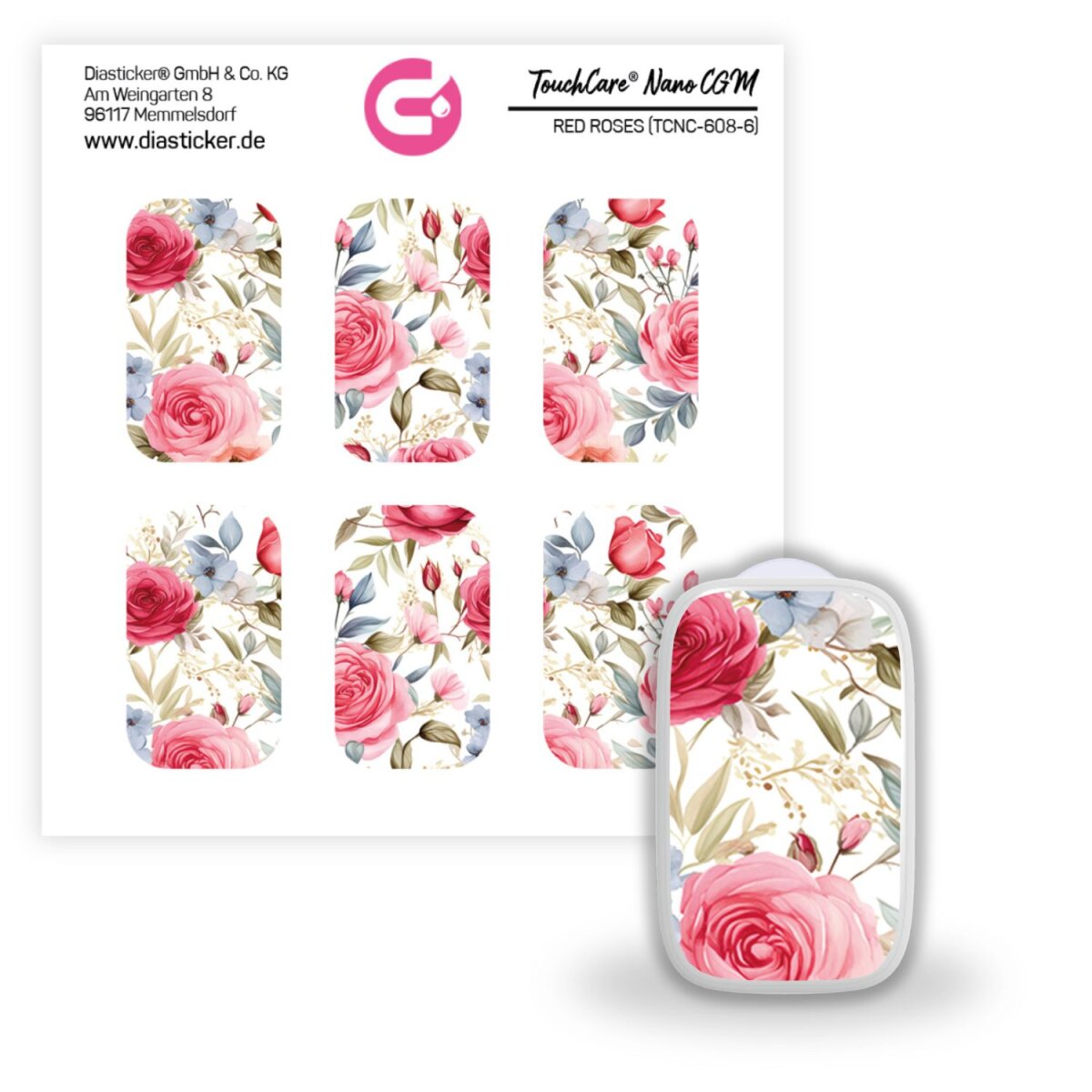 TouchCare Nano CGM Sticker - 6er Set "Red Roses" - Diasticker® - Dia